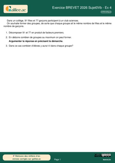 Brevet 2026 Arithm tique Exercice 4 Corrig PDF Corrig PDF