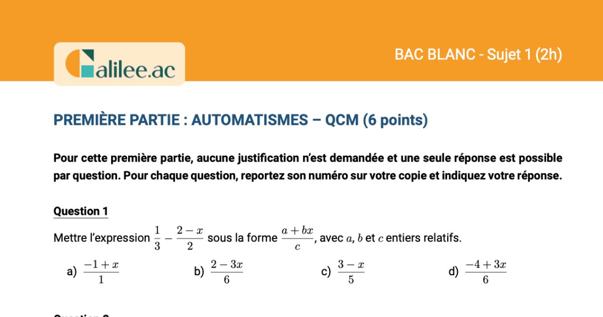 BAC BLANC 1ère spécialité maths 1 - Corrigé PDF