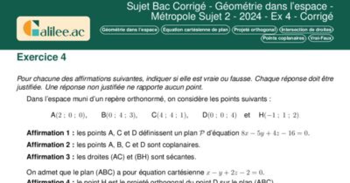 Sujet Bac Corrigé - Géométrie dans l'espace - Métropole Sujet 2 - 2024 ...