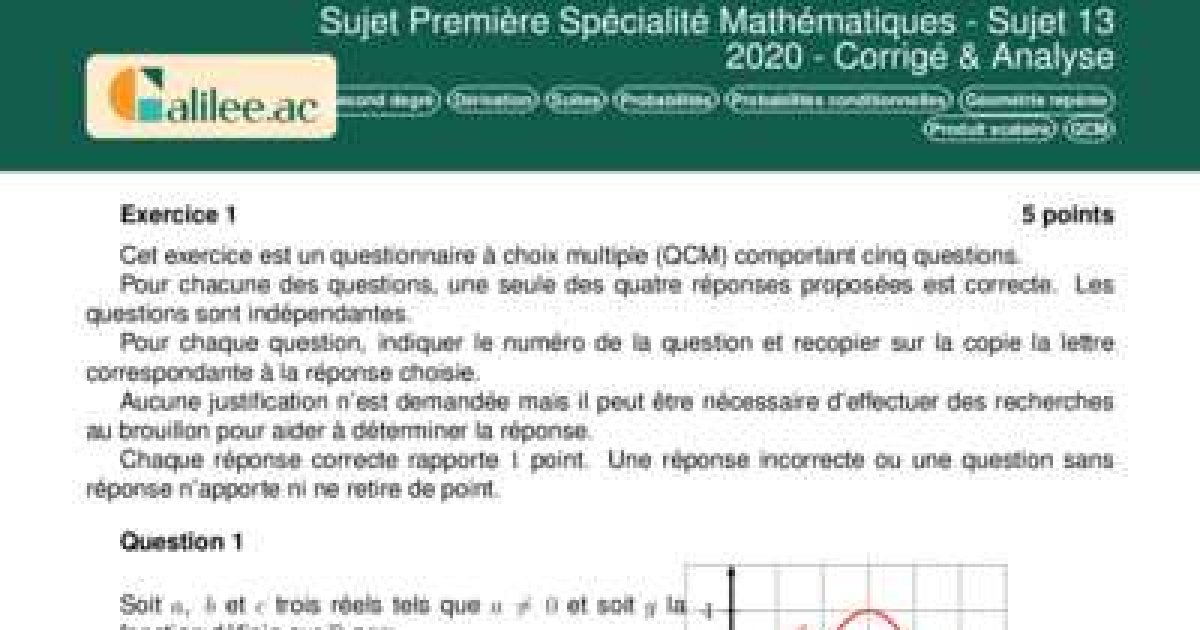 Sujet Première Spécialité Mathématiques - Sujet 13 2020 - Corrigé ...