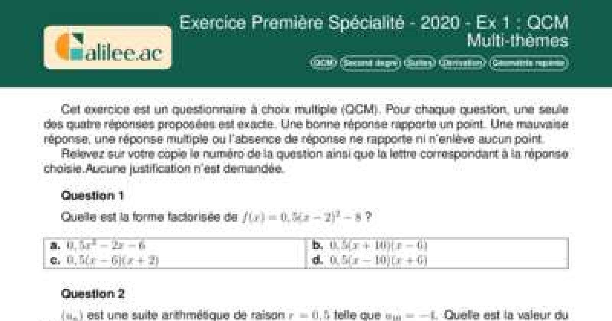Exercice Première Spécialité - 2020 - Ex 1 : QCM Multi-thèmes - Corrigé PDF