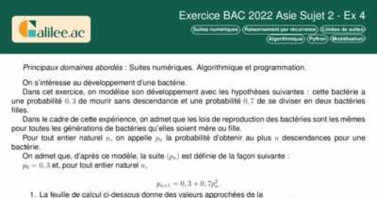 Sujet Bac Corrigé - Suites et Python - Asie Sujet 2 - 2022 - Ex 4 ...