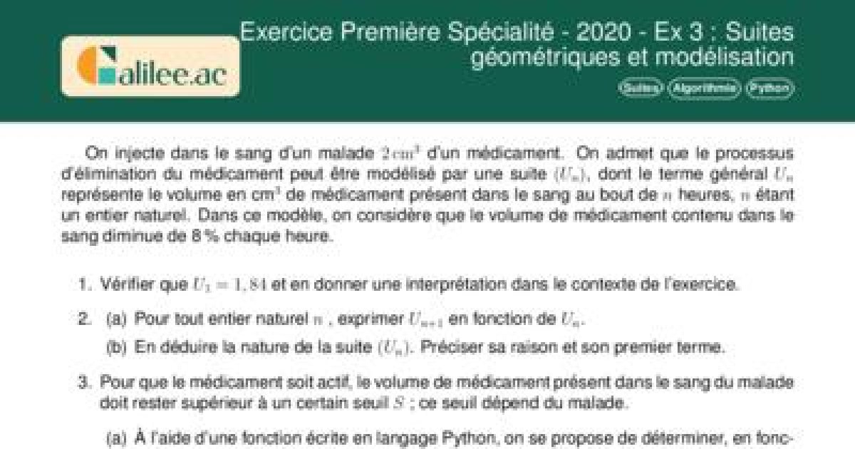 Exercice Première Spécialité - 2020 - Ex 3 : Suites géométriques et ...