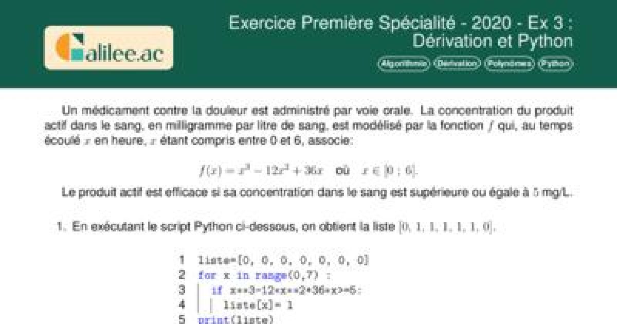 Exercice Première Spécialité - 2020 - Ex 3 : Dérivation et Python ...