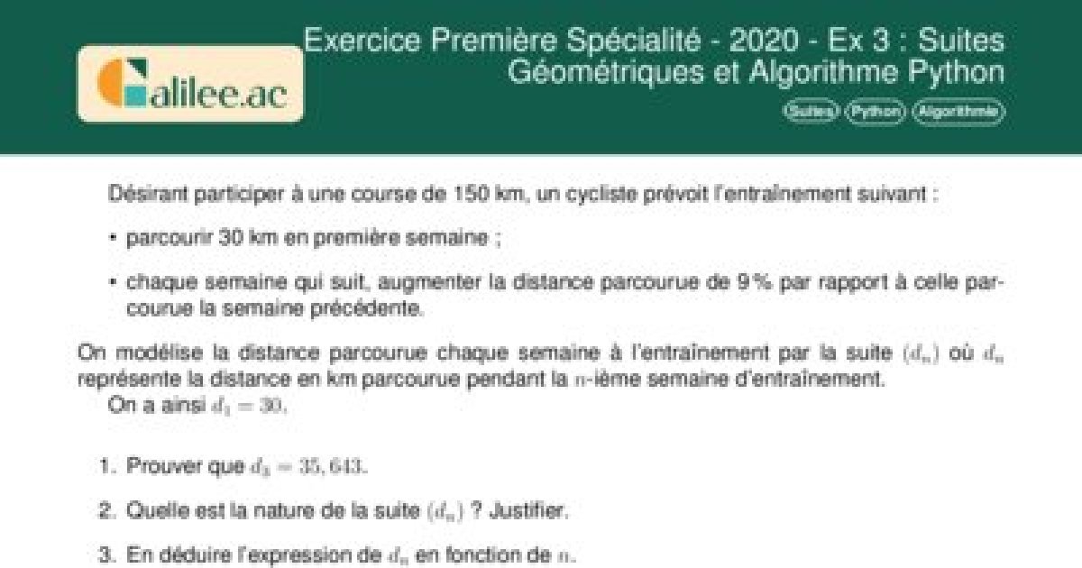 Exercice Première Spécialité - 2020 - Ex 3 : Suites Géométriques et ...