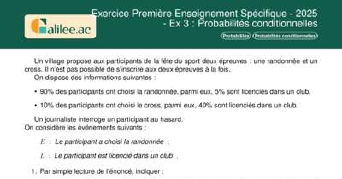 Exercice Première Enseignement Spécifique - 2025 - Ex 3 : Probabilités ...