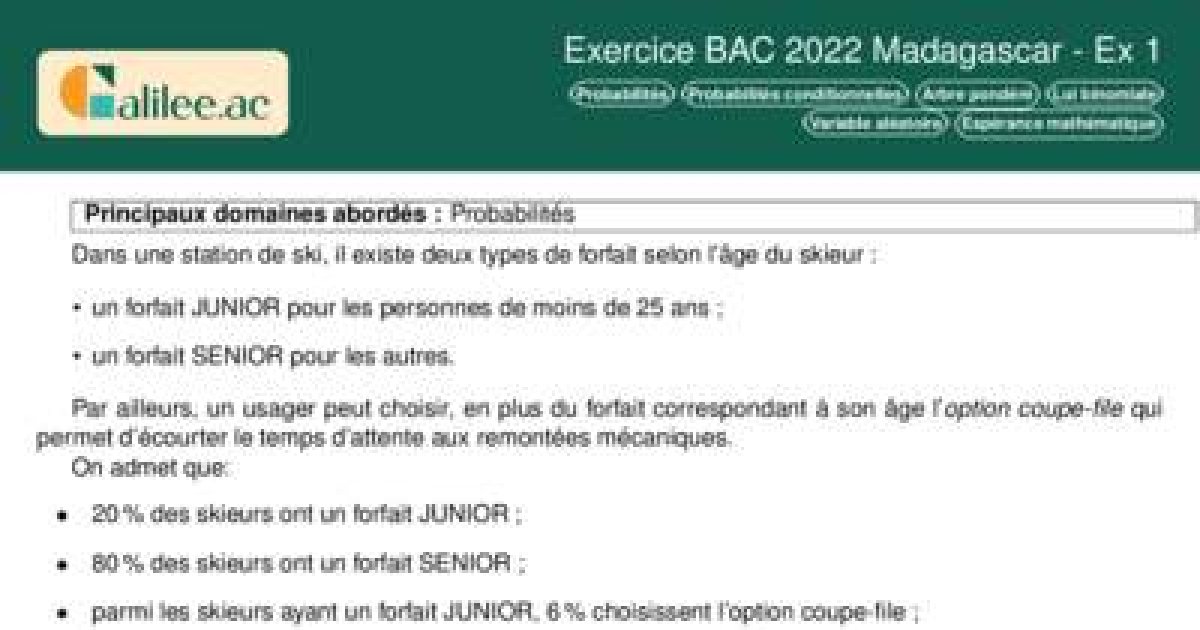 Sujet Bac Corrigé - Probabilités et Loi binomiale - Madagascar Sujet 1 ...
