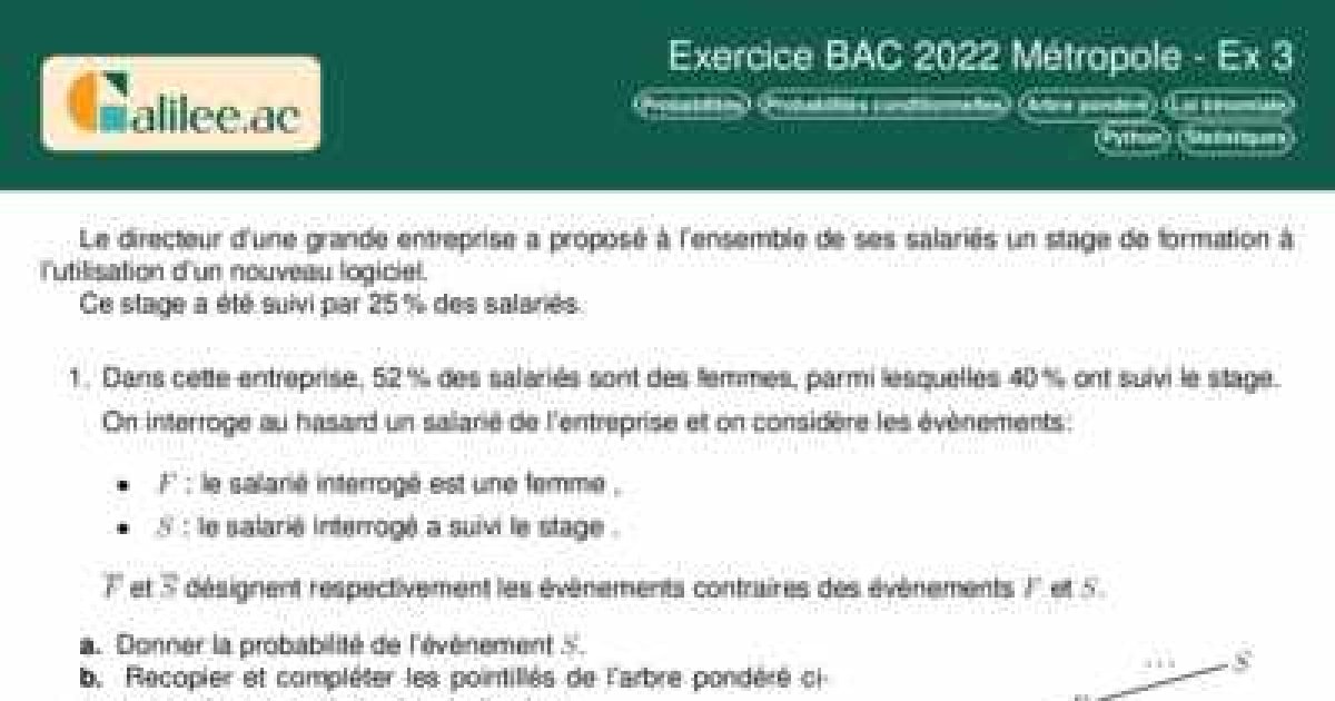 Sujet Bac Corrigé - Probabilités et Loi binomiale - Métropole Sujet 1 ...