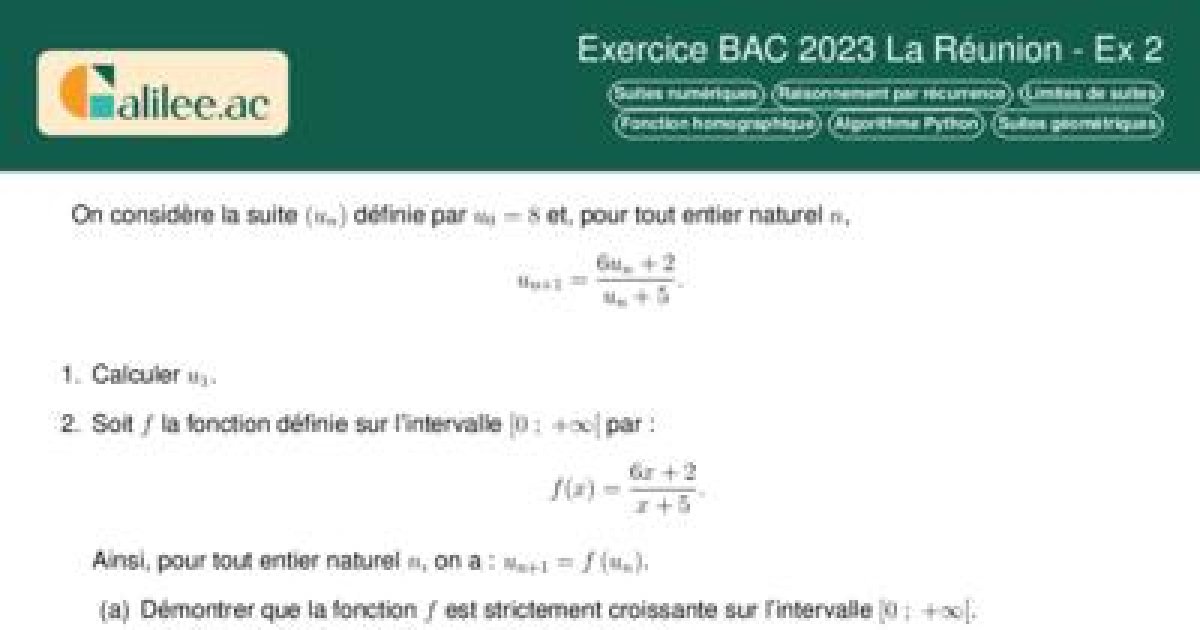 Sujet Bac Corrigé - Suites et Python - La Réunion Sujet 2 - 2023 - Ex 2 ...