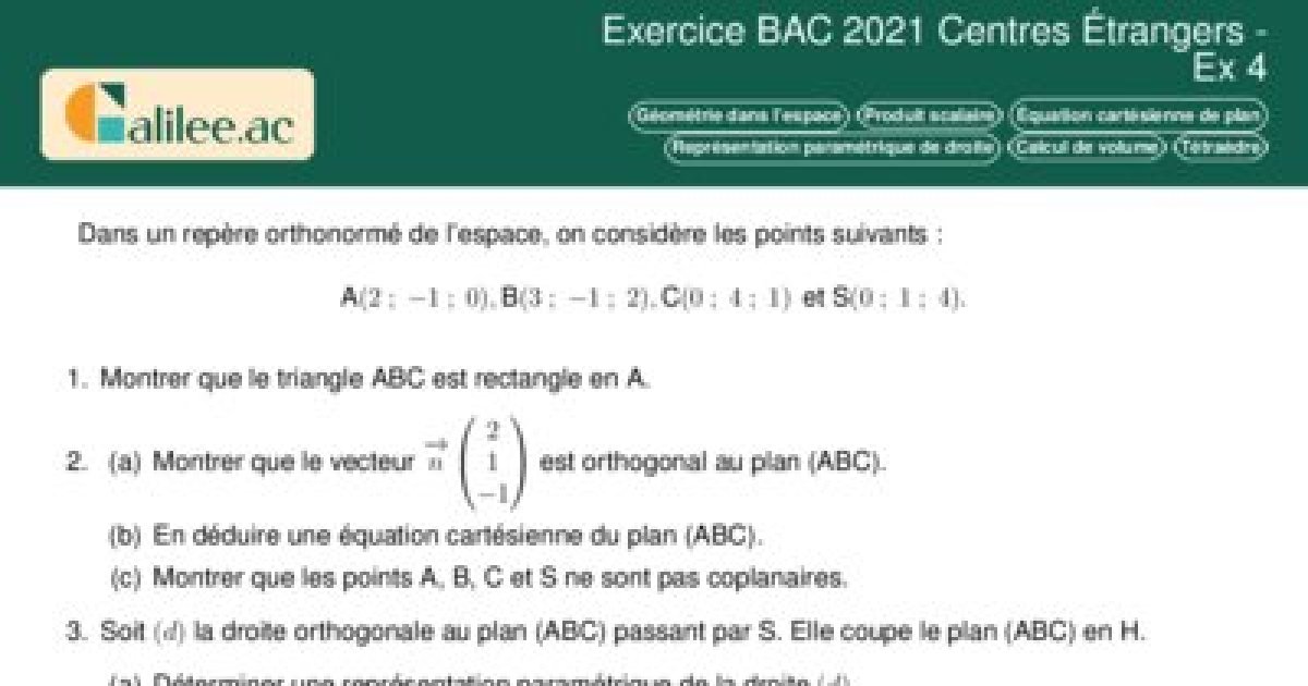 Sujet Bac Corrigé - Géométrie dans l'espace - Centres Étrangers - 2021 ...