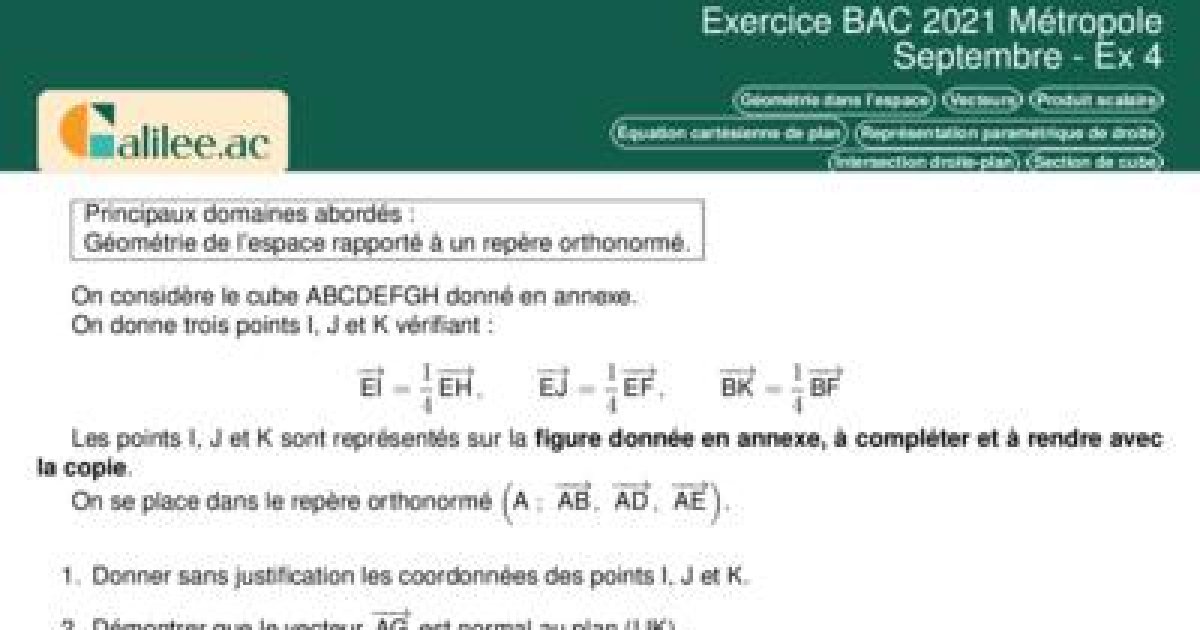 Sujet Bac Corrigé - Géométrie dans l'espace - Métropole Septembre ...