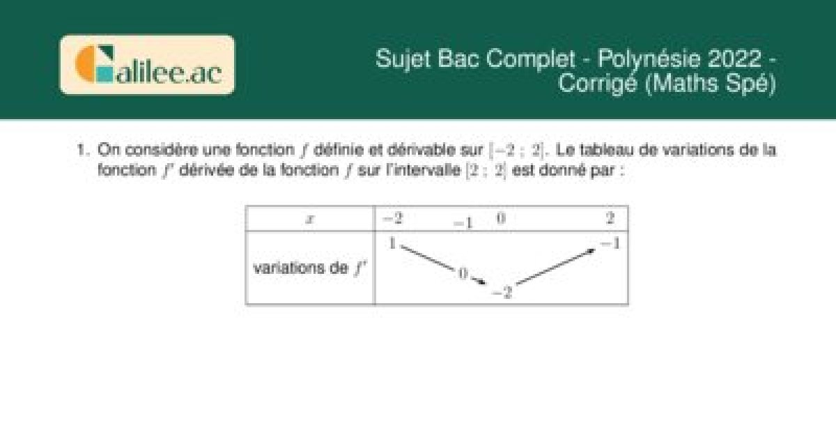 Sujet Bac Complet - Polynésie 2022 - Corrigé (Maths Spé) - Corrigé PDF