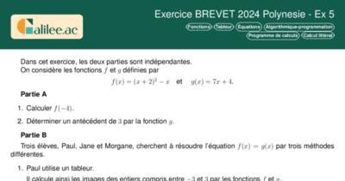 Brevet 2024 Ex 5 : Fonctions et Équations - Corrigé PDF - Corrigé PDF