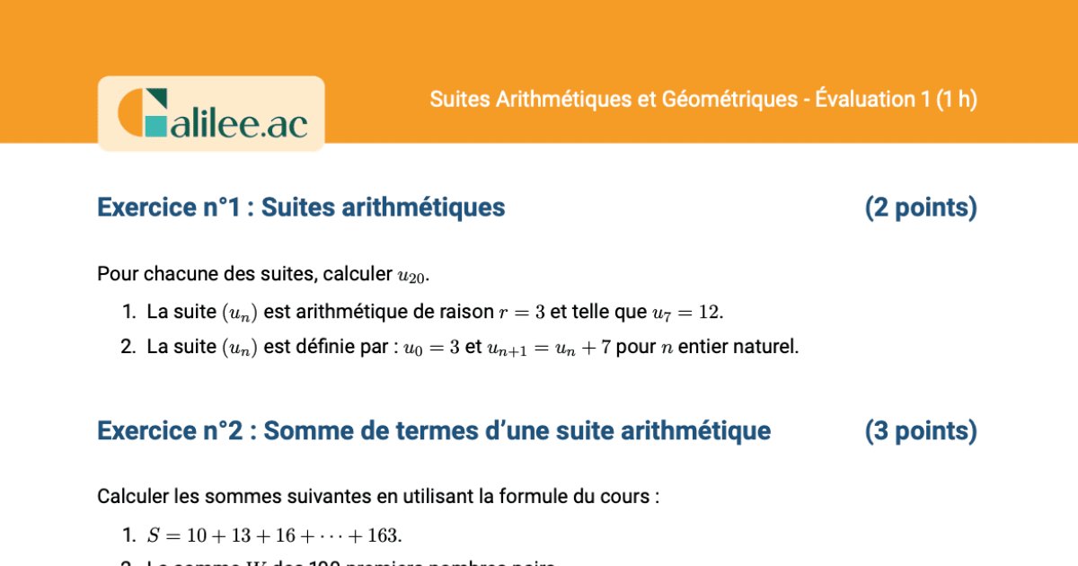 Contrôle Suites Arithmétiques et Géométriques 1 - Corrigé PDF