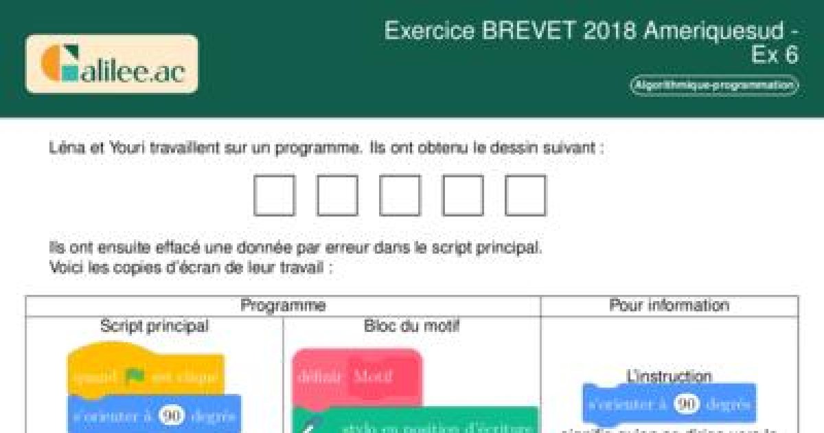 Brevet 2018 Algorithmique - Ex 6 : Exercice Corrigé PDF - Corrigé PDF