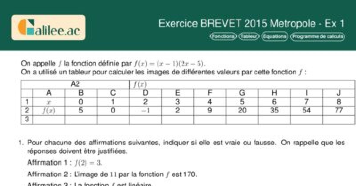 Brevet 2015 : Exercice Fonctions et Tableur Corrigé - Ex 1 - Corrigé PDF